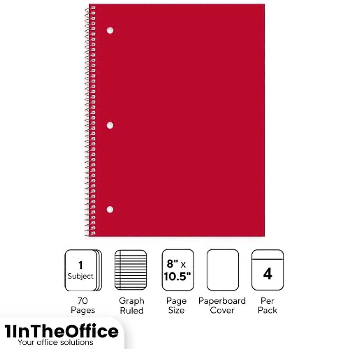 1InTheOffice Graph Composition Book, Wirebound, 8" x 10.5" Graph Paper Notebook, Assorted Colors Quad Ruled Spiral Notebook , 70/Sheets 4 Pack