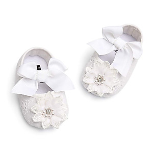Baby Girl White Shoes Mary Jane Flats Soft Sole Bowknot Floral Princess Christening Baptism Wedding Dress Shoes for Newborns, Infants, Babies 0-6 Months