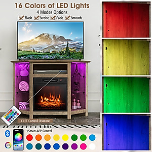 GOFLAME Corner Fireplace TV Stand with LED Lights for TVs up to 50”, Modern Entertainment Center with Electric Fireplace, Remote & Smart APP Control, TV Console with Adjustable Glass Shelves, Gray