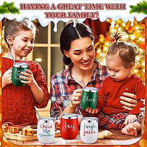 Ziliny 12 Pcs Christmas Wine Tumbler Set, 12 Oz Stainless Steel Double Wall Vacuum Insulated Coffee Mug Stemless Xmas Wine Glasses With Lid Straw Brushes for Women Friends Men Travel Gifts (Texts)