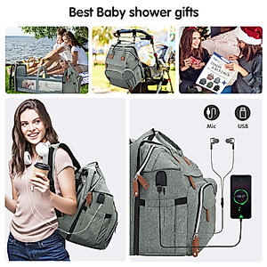 DERJUNSTAR Baby Diaper Bag Backpack with ChangingStation-Large Capacity Baby Bag for Boys & Girls, USBCharging Port, Pacifier Case, sunshade & Toy Bar,Waterproof， Ash Grey
