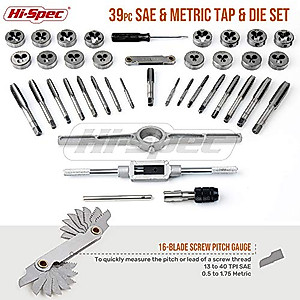 Hi-Spec 39 Piece SAE & Metric Tap & Die Set. Complete M3 to M12 / #4 to 1/2in Fine & Coarse Tools to Cut, Chase and Thread with Screw Pitch Gauge in a Tray Case