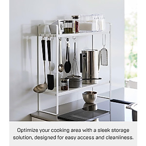 Yamazaki Home Tower Compact 2-Shelf Kitchen Storage Rack | Easy-To-Clean Design, Versatile Hooks - Steel