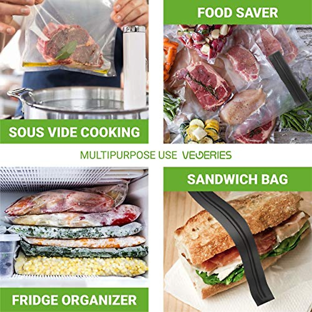 Sous Vide Bags 56 PCS Vacuum Save Sealer - 35 Reusable Vacuum Food Storage Bags for Anova and Joule Cookers - 3 sizes Sous Vide Bag Kit with Pump - 4 Sealing Clips - 4 Sous Vide Bag Clips with Handheld Food Vacuum Sealer