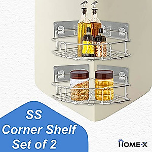 Home-X Stainless-Steel Corner Shelves for Shower Wall, in-Shower Organizer, Adhesive Shower Corner Shelves, Set of 2, 8 ¾” L x 8 ¾” W x 3 ¼” H, Stainless Steel