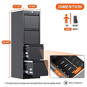 METAN 4 Drawer File Cabinet with Lock, Metal Vertical File Cabinet for Home Office, Locking Steel Filing Cabinet for Hanging Letter/Legal Folders, Black