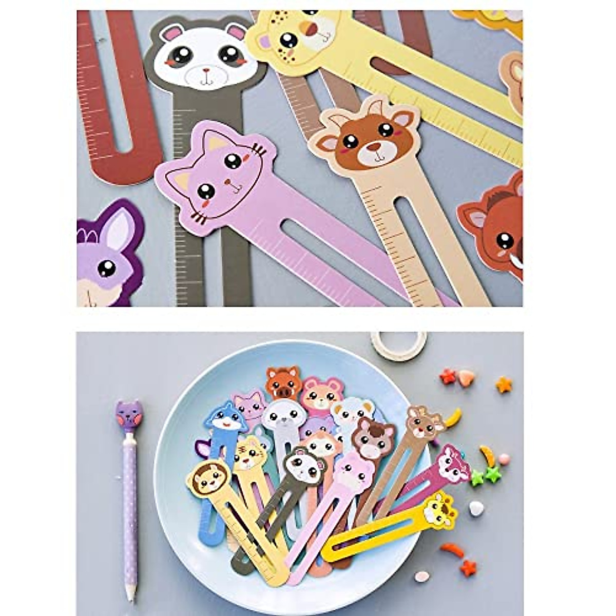 Aufruh 30Pieces Cute Animals Bookmarks Funny Cartoon Page Markers for Students Readers Bear Lion Tiger Cat Monkey Elephant Rabbit Giraffe