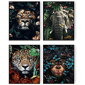 Animal Prints Wall Art Decor for Living Room, Safari Pictures Wall Decor for Bathroom, Safari Posters for Wall with Lion, Leopard,Elephant,Gorilla (8"x10" Unframed)