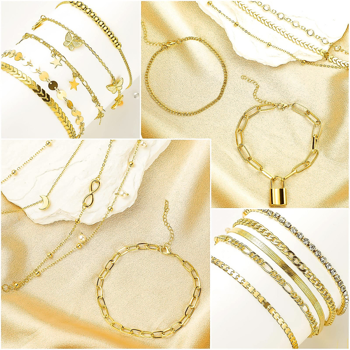 Henoyso 25 Pcs Gold Ankle Bracelets for Women Gold Cuban Link Chain Anklets Layered Anklet Adjustable Anklet for Women Gift(Delicate Style)