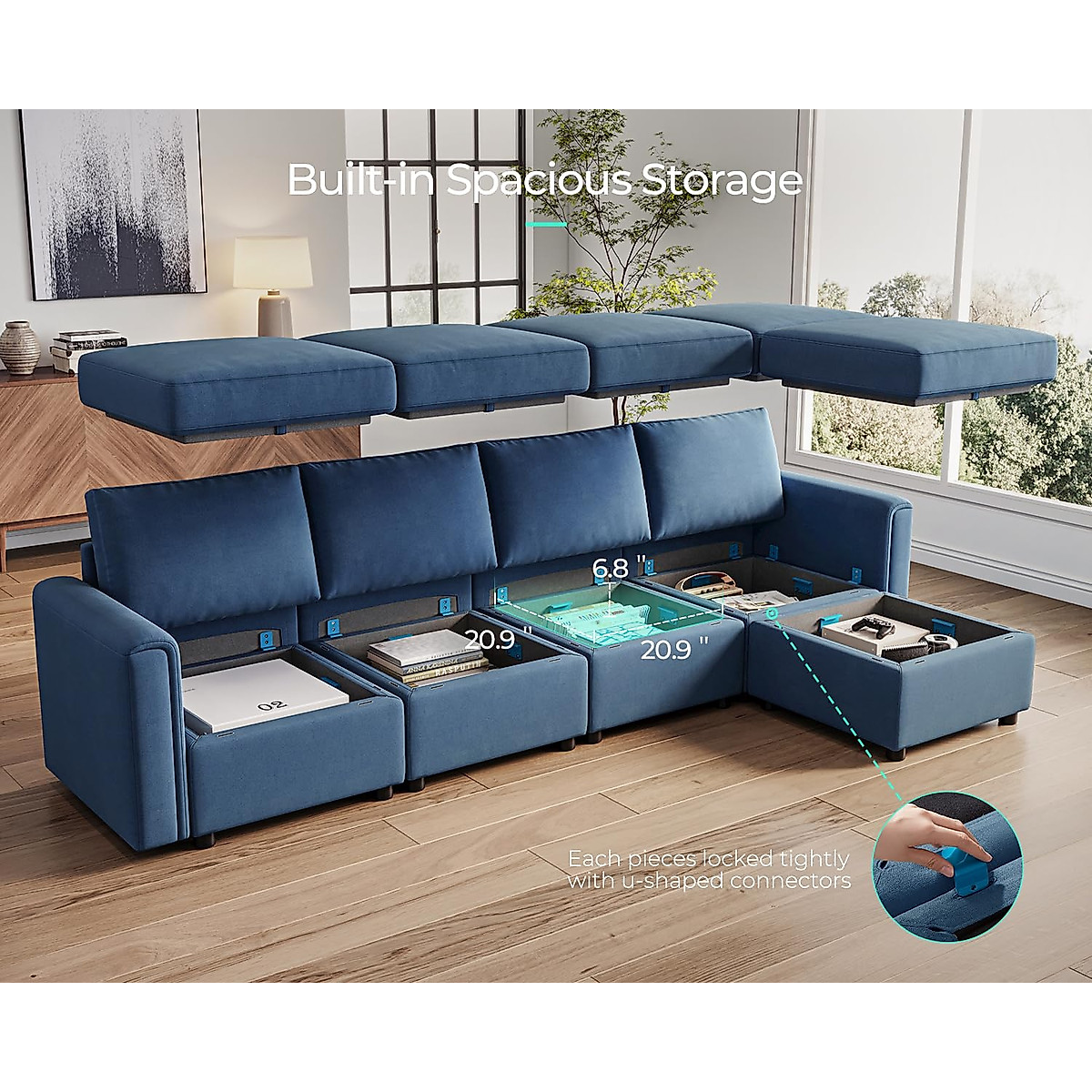 LINSY HOME Sectional Sofa, Blue, 300lb Weight Capacity, Changeable Covers, Storage Seat, BIFMA X5.4-2020 Certificated, Memory Foam Cushion, Easy Assembly, 6 Packages