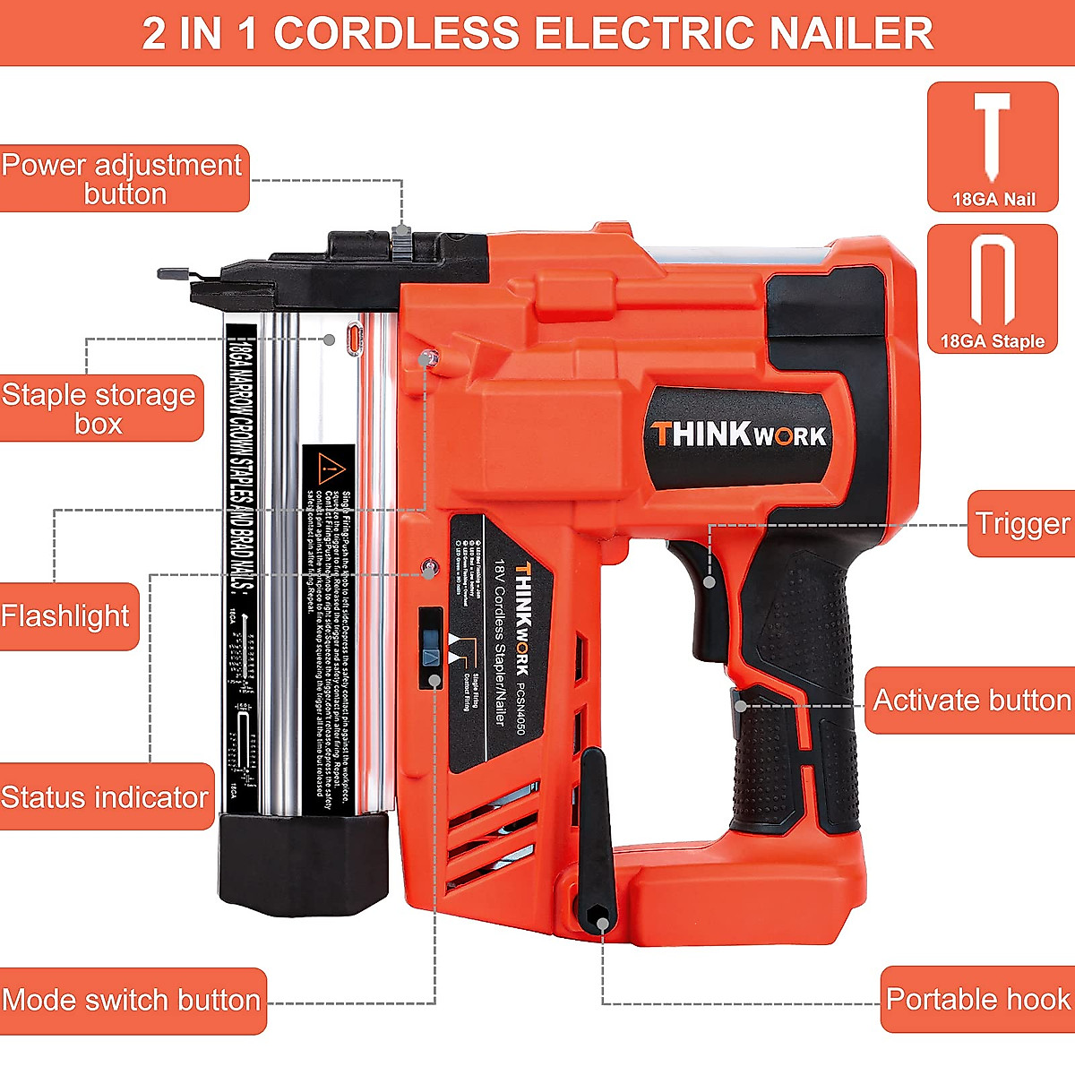 THINKWORK 20V 18 Gauge Cordless Brad Nailer, Durable Nail Gun Battery Powered - (2 in 1 Dual Mode) with Powerful Battery&Fast Charger, 1000 Nails, Single or Contact Firing for Woodworking, Renovation