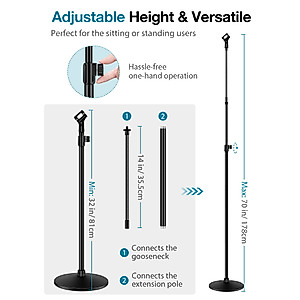 InnoGear Microphone Stand, Mic Stand Detachable Gooseneck Mic Floor Stand Height Adjustable from 32” to 70” with Weighted Round Base for Blue Yeti Blue Snowball Shure SM7B Shure SM58 Samson Q2U