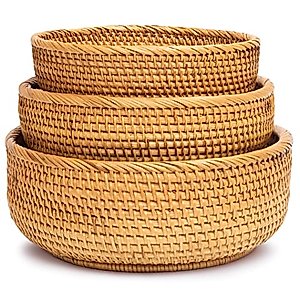 Rattan Basket for Storage Set 3 Small Bread Baskets for Serving Potatoes Onions Container Stackable Fruit Holder for Kitchen Countertop Organizing Bathroom