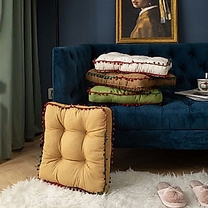 vctops Colorful Pompoms Cotton Linen Chair Pad Super Soft Comfy Chair Seat Cushion for Dining Chairs, Office Chairs, Hardwood Floors (White, 16"x16")