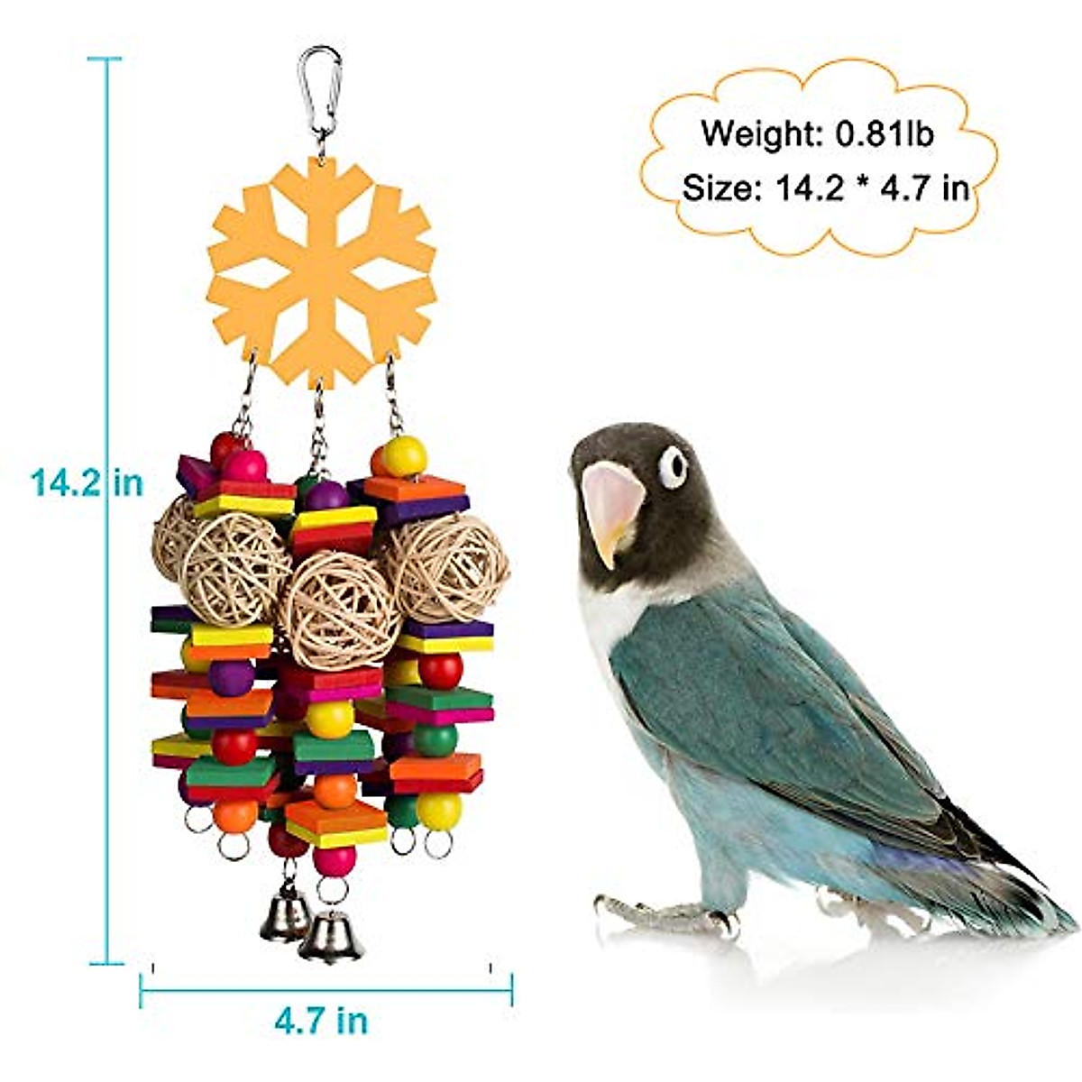 Coppthinktu Bird Toys, Parrot Toys with Bells, Parrots Cage Chewing Toy with Colorful Wood Beads, Multicolored Wooden Block Bite Toys for Macaw African Grey Cockatoo and a Variety of Amazon Parrots