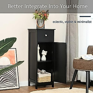 Iwell Bathroom Floor Cabinet, Storage Cabinet with Large Drawer, Wooden Free-Standing Cabinet with Door for Bathroom, Living Room, Bedroom, Black