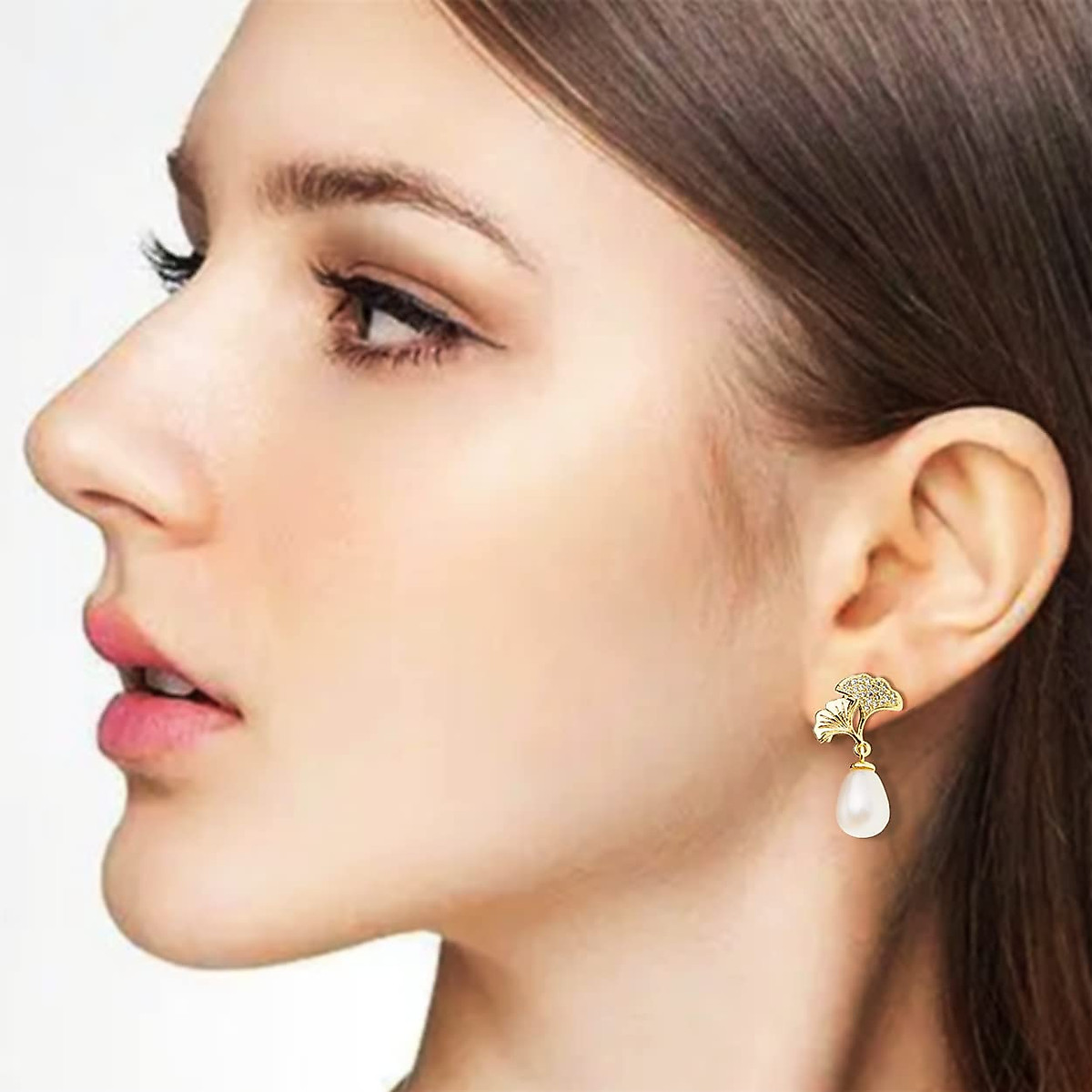 Sonateomber Gold Ginkgo Leaf Pearl Drop Dangle Earrings for Women Cute Freshwater Pearl Teardrop Dangling Hypoallergenic Stud Prom Wedding Bridal Jewelry Gifts