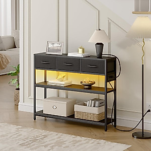 TIQLAB 39.5 inch Entryway Table with Power Outlets, Console Table with 3 Drawers and 2-Tier Shelves, Sofa Table, Entry Table for Hallway, Foyer, Living Room, Black