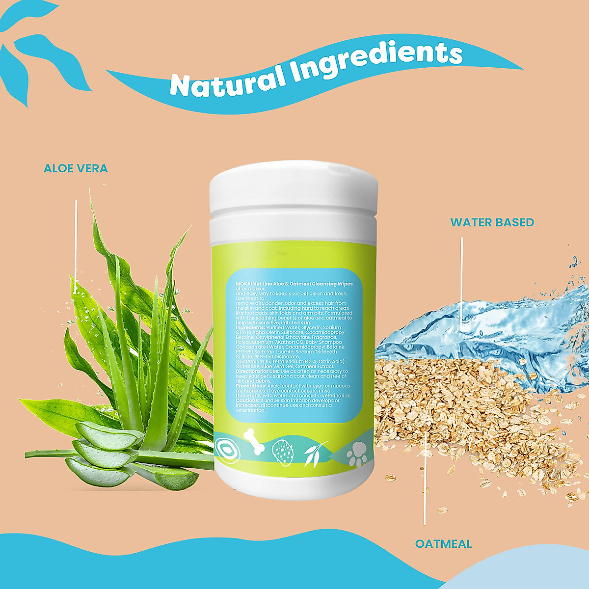MOKAI Aloe & Oatmeal Grooming Wipes for Dogs and Cats | Pet Cleansing Wipes Used to Remove Dirt Dander Odor and Excess Hair from The Skin and Coat with Soothing Benefits for Sensitive Skin (60 Wipes)