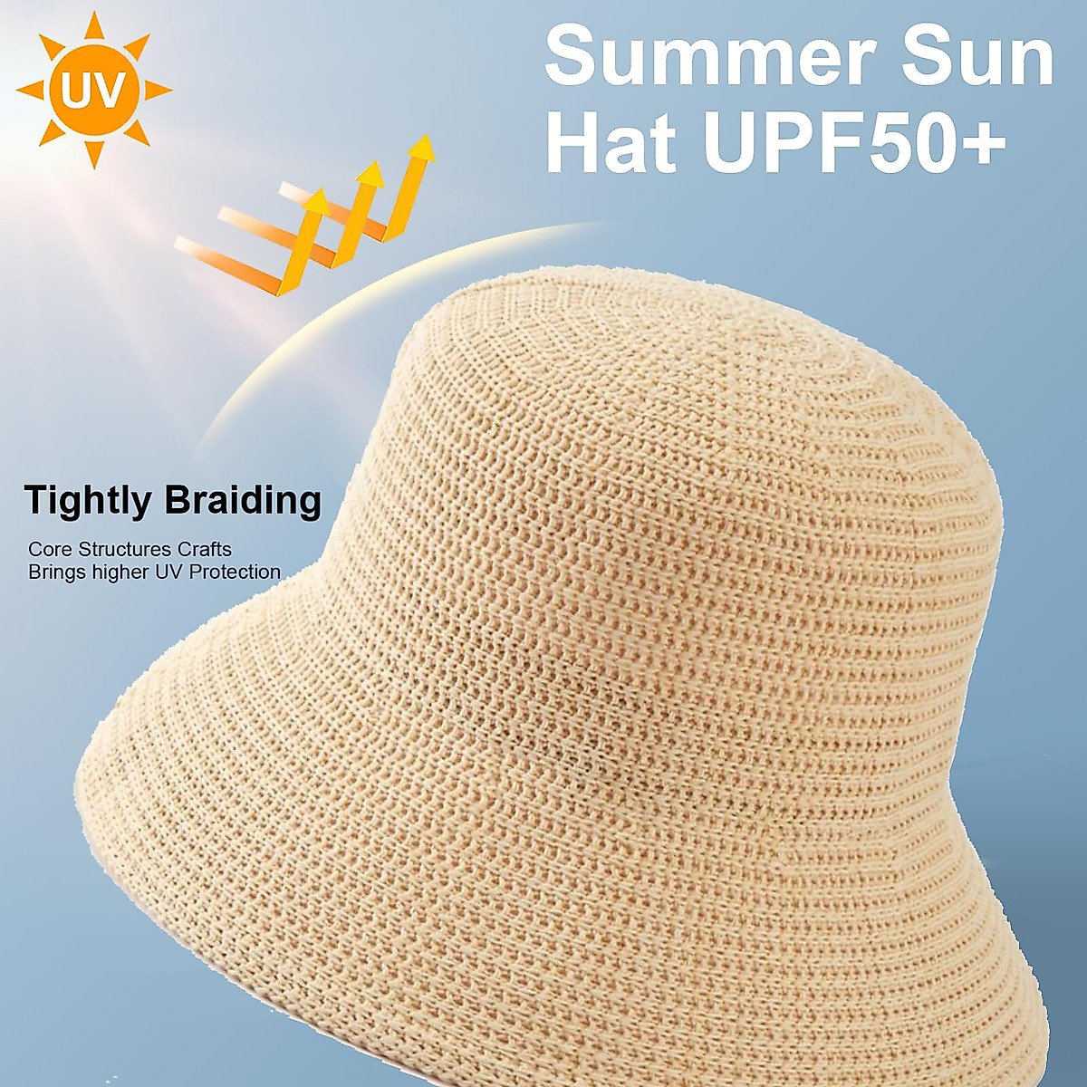 MEINICY Sun Hat Wide Brim Beach Hat Bamboo Fiber Wweave Floppy Hat Summer UV Protection Foldable Hat Beige