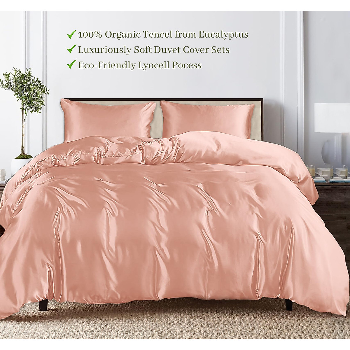 Linenwalas Tencel Lyocell Duvet Cover Set with Deep Pocket Fitted Sheet, Viscose Made from Eucalyptus Soft, Lightweight and Breathable Complete Bedding Set (Rose Gold, King)