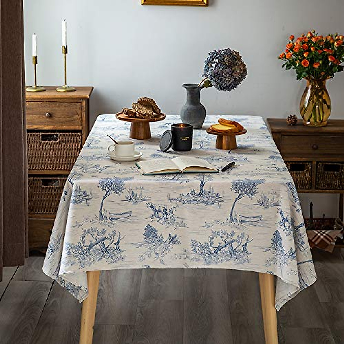 GLORY SEASON Rustic Tablecloth Classic French Village Printed Linen Fabric Table Cover Farmhouse Decoration 55x120 Inches Rectangle/Oblong Blue for Kitchen Dining
