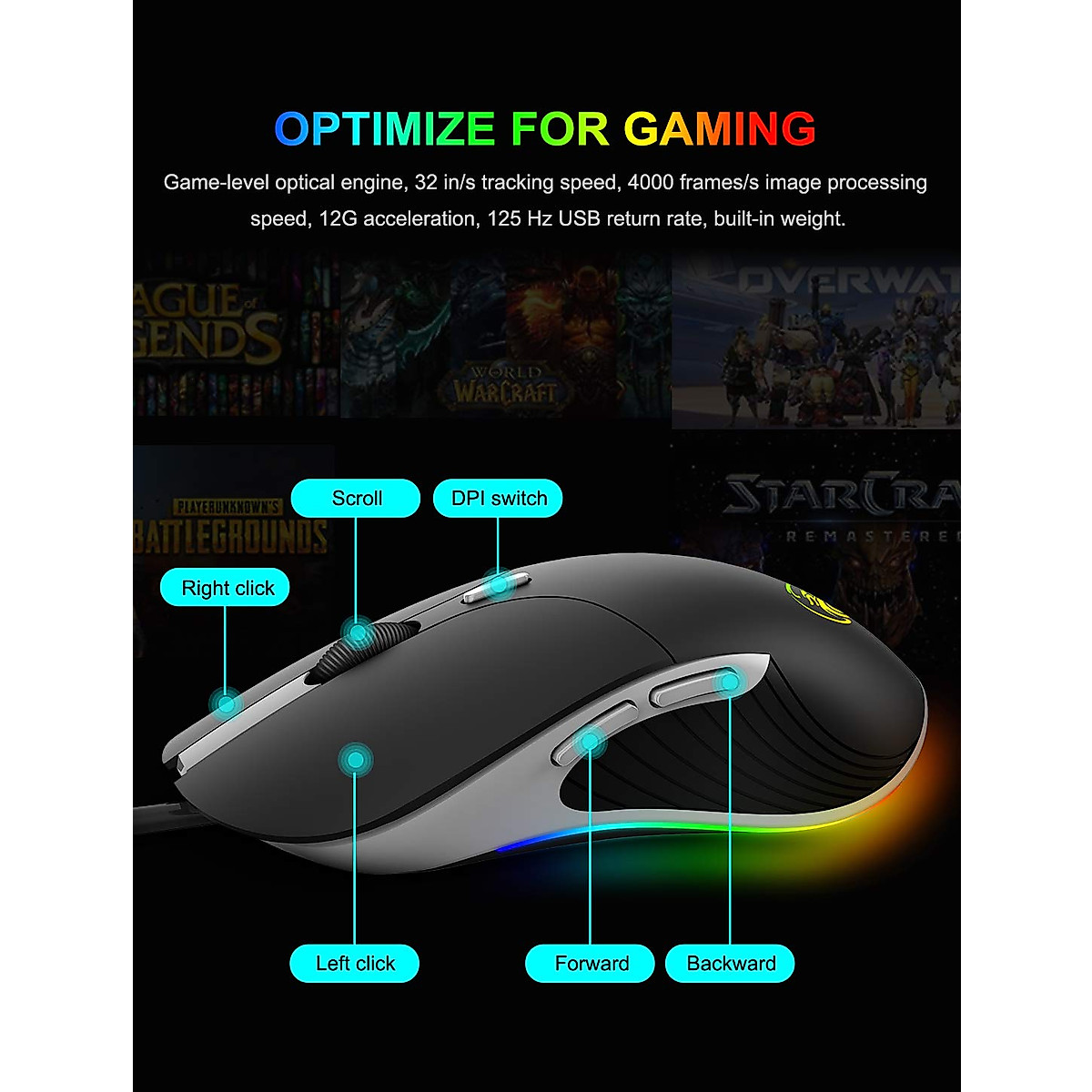KKUYI RGB Gaming Mouse Wired, USB Computer Gaming Mice with Chroma RGB Lighting/6 DPI Levels/6 Buttons, RGB Gamer Desktop Laptop PC Gaming Mouse with 6ft Cable for Windows Xbox PS4 (Black-01)