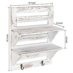 MyGift 2-Tier Whitewashed Wood Wall Mounted Shelf Rack with Key Hooks, Entryway Storage Display Shelves, Bathroom Shelving and Towel Hooks, 7 x 13-Inches