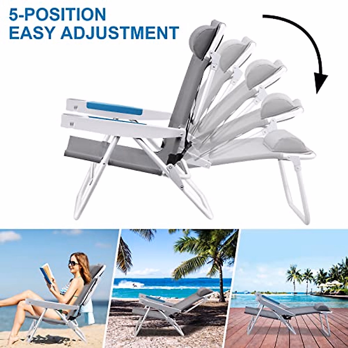 ICECO Beach Chair for Adults 2 Pack, XL 5-Position Backpack Beach Chair Heavy Duty Folding Portable Chairs with Backpack Straps Cup Holder for Beach Outdoor Camping 300lb Capacity