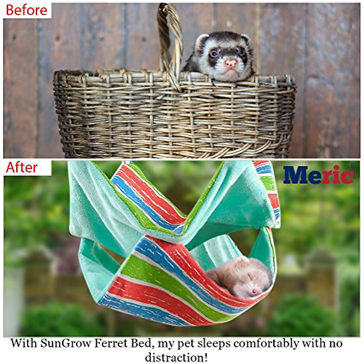 Meric Ferret Hammock, Cotton Sleeping Nest for Small Animals, Pet Cage Swinging Bed and Nap Sack, Warm Cashmere Inner Lining for Winter, Durable Canvas Mat, with Rings and Spring Hooks