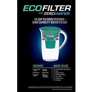 EcoFilter 10 Cup Filtered Pitcher by ZeroWater, No Plastic Shell, Reduces Chlorine Smell and Taste, Clear and Green