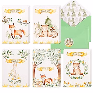 VNS Creations 30 Woodland Thank You Cards | Bulk Forest & Mountain Animals Thank You Notes with Matching Green Envelopes & Stickers | Small & Cute Notecards Perfect for Baby Shower and Kids Birthday.