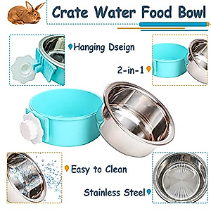 Hamiledyi Crate Bunny Food Bowl Removable Stainless Steel Pet Dog Cage Dual Bowls Plastic Hanging Water Fountain Automatic Bottle Food & Water Feeder Coop Cup for Rabbit Cat Puppy Guinea Pigs 3PCS