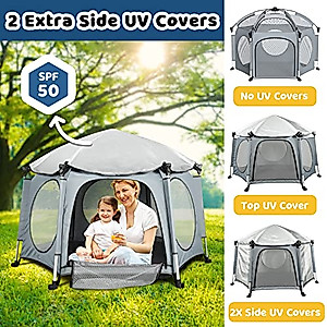 Portable Playpen for Babies and Toddlers - PRObebi Pop Up Playpen for Baby with Three Sun-Shade, Lightweight Outdoor Play Yard - Beach Playpen with Travel Bag - for Home & Indoor Use - Grey