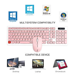RECCAZR Wireless Keyboard and Mouse Combo, 2.4Ghz Full Size Wireless Keyboard and DPI Adjustable Mouse,Long Battery Life, Lag-Free Wireless Keyboard and Mouse for PC, Windows, Desktop, Laptop(Pink)