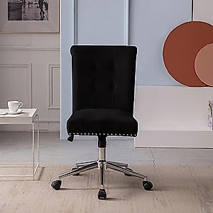 JOUUQZ Velvet Office Chair Button Tufted Swivel Adjustable Desk Chair with Nailheads Trim, Upholstered Armless Black Home Office Desk Chair with Wheels and Metal Base