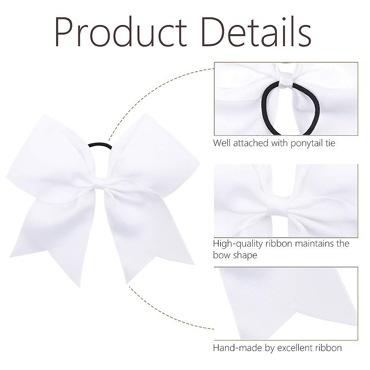 16PCS 8" Large Cheer Hair Bows Ponytail Holder Elastic Band Handmade for Cheerleading Teen Girls College Sports (White, 16 Count (Pack of 1))