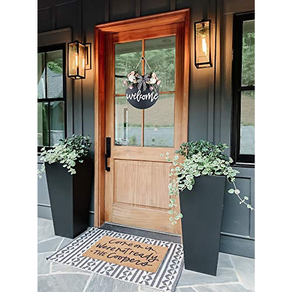 Welcome Sign for Front Door, Farmhouse Porch Décor Wooden Hanging Round Sign 12" Black-Floral