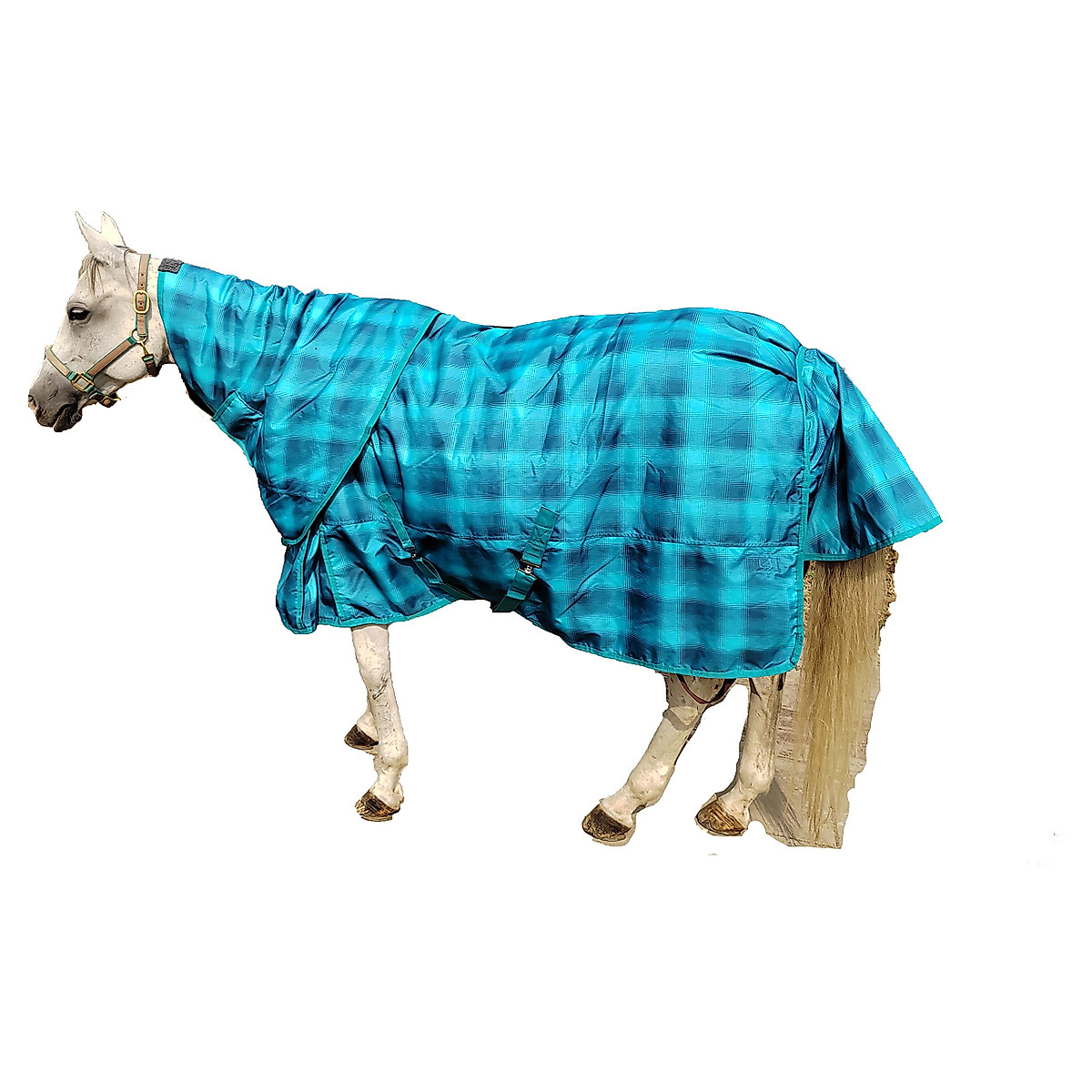 Ankaier 600D Waterproof & Windproof Winter Turnout Horse Blanket with Detachable Neck Hood Covered, High-Grade Thermal Polyfill Materials (250 Grams), Heavy Weight Version- Blue/Grid - 72" inches