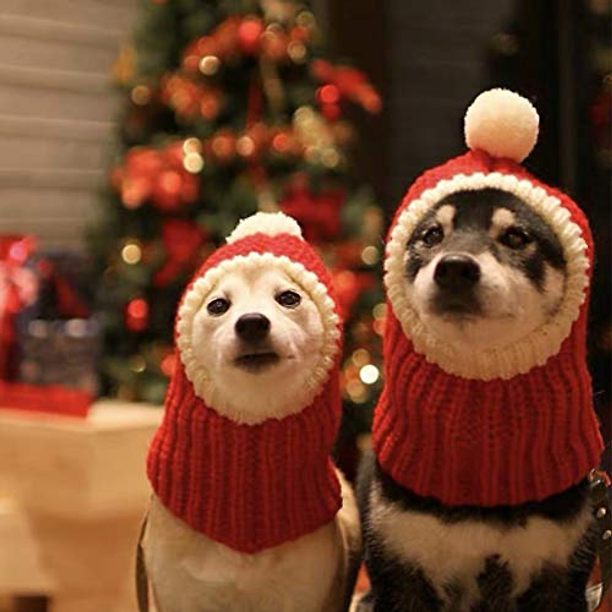 POPETPOP Funny Cat Dog Christmas Hat - Adorable Pet Christmas Outfits for Dogs - Cute Knit Winter Warmer Snood Pet Headwear - Pet Party Accessories (Red, Size M)