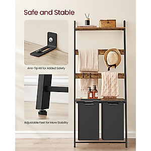 VASAGLE Laundry Basket, 2-Section Laundry Hamper with Blanket Ladder, Pull-Out and Removable Liners, Shelf, 5 Hooks, 2 x 12.1 Gallons, 28.7 x 13 x 69.7 Inches, Rustic Brown and Black UBLH221B01