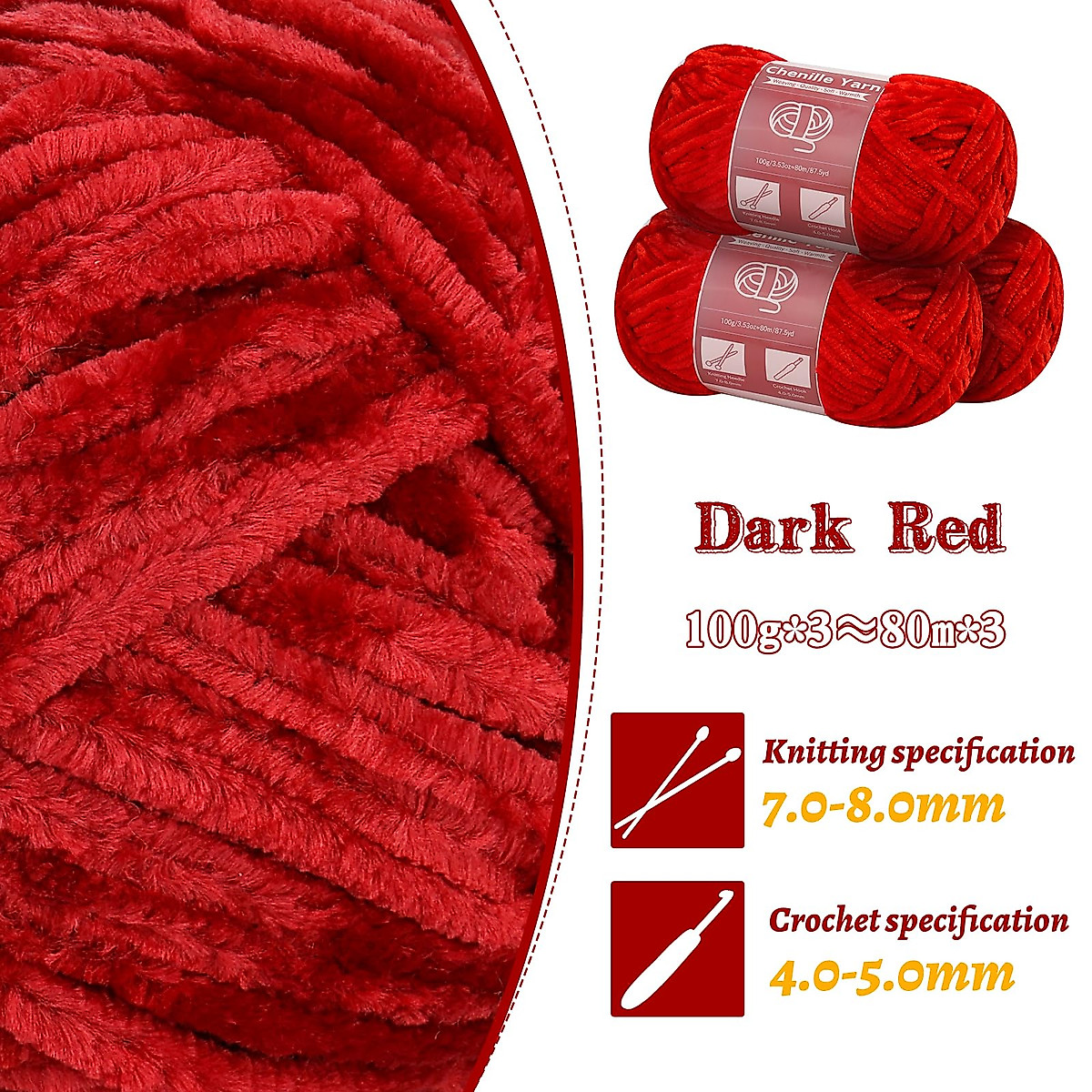 LUNARM Chenille Yarn for Crocheting Knitting, 3 Skein 263 Yard Thick Soft Chunky Fluffy Weaving Plush Yarn for Blankets Clothes Pattern Creations with Big Eye Needles (Dark Red)