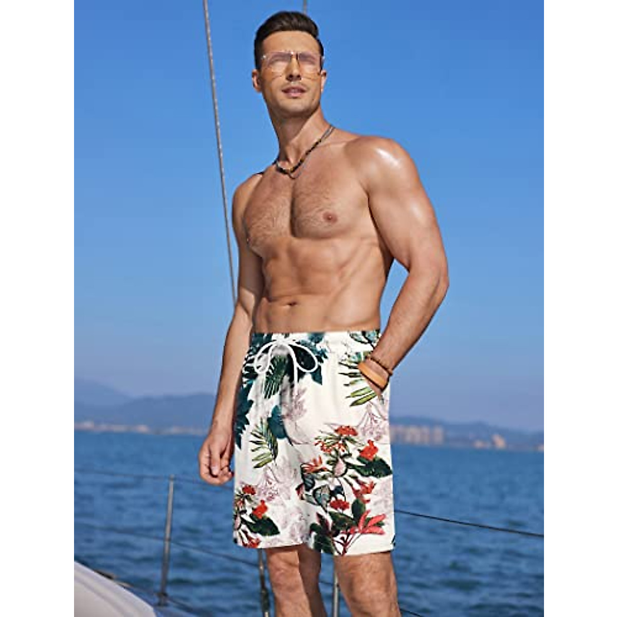 COOFANDY Men Swim Trunks 9 Inch Inseam Bathing Suit Hawaiian Beach Shorts Pocket