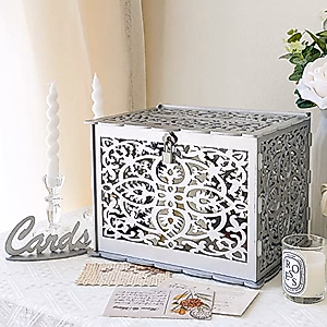OurWarm Silver Wedding Card Box for Wedding Reception, Wooden Card Boxes with Lock, PVC Gift Card Box Money Holder for Reception Anniversary Shower Rustic Wedding Decorations Birthday Graduation