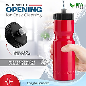 50 Strong Sports Squeeze Water Bottle 6 Pack – 22 oz. BPA Free Easy Open Push/Pull Cap – USA Made (Red)