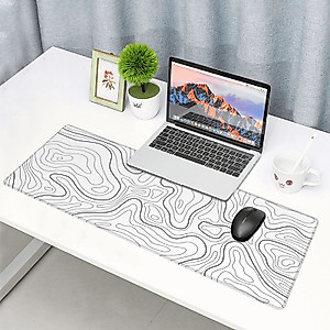 【Super Smooth Fabric】 Minimalist Desk Mat Topographic Pattern Gaming Mouse Pad Large Desk Pad with Stitched Edges Gaming Mousepad Aesthetic Deskmat XL, Keyboard Pad for Women Desk 31.5"x11.8" White