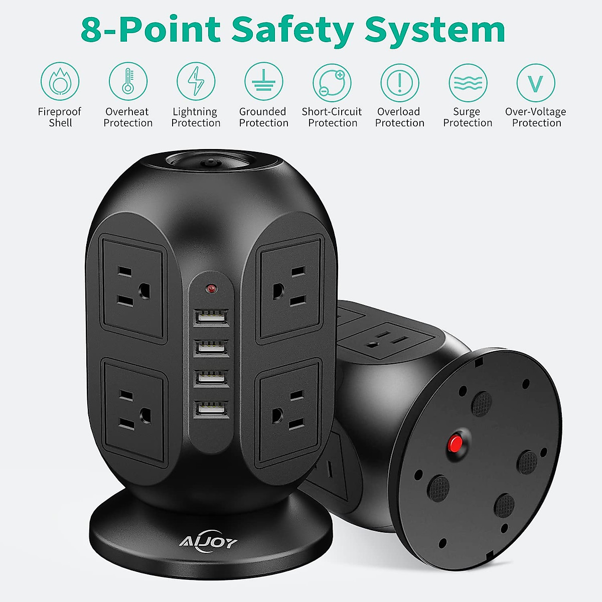 Power Strip Tower with USB Ports, AiJoy Surge Protector with 8 AC Outlets and 4 USB Ports, Fast Charging Station with Extension Cord 10FT, Office Supplies & Dorm Essentials