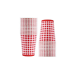 Gatherfun Gingham Red and White Party Supplies Disposable Paper Plates Napkins Cups Knives Spoons Forks Tablecloth Banner for Birthday Party Family Dinner Picnic Barbecue Mother's Day Party, Serve 25