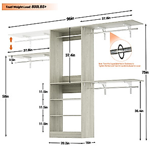 Armocity 96'' Closet System, 8FT Walk In Closet Organizer with 3 Shelving Towers, Heavy Duty Bedroom Wardrobe with 5 Shelves, Wall Mounted Clothes Rack (Can Be Cut To Fit), 96"L x16"W x75"H, White Oak