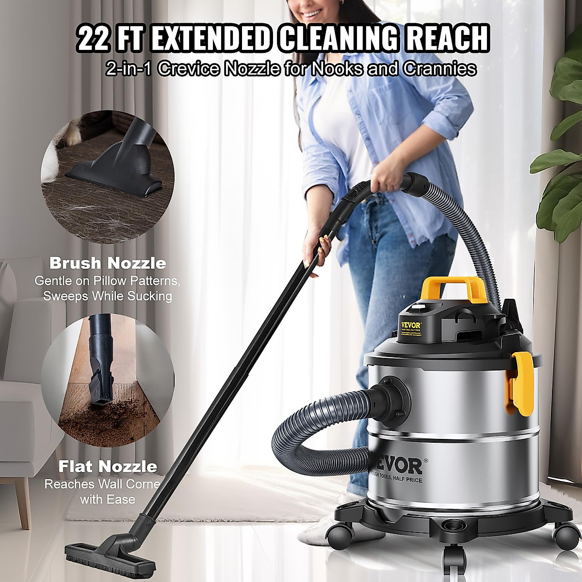 VEVOR Stainless Steel Wet Dry Shop Vacuum, 5.5 Gallon 6 Peak HP Wet/Dry Vac, Powerful Suction with Blower Function w/Attachment 2-in-1 Crevice Nozzle, Small Vac Perfect for Carpet Debris, Pet Hair